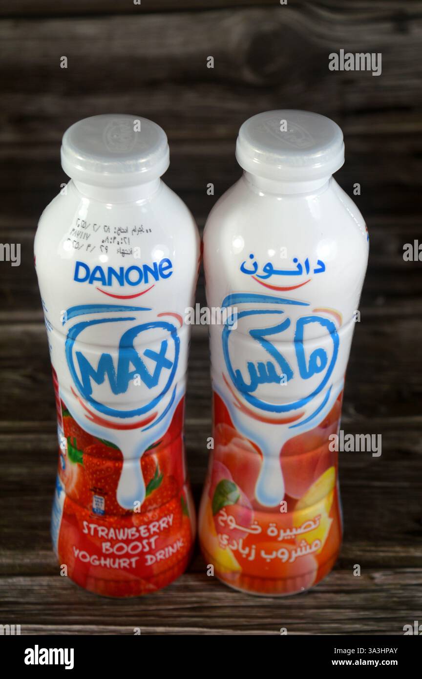 Cairo, Egypt, March 5 2025: Danone max Strawberry and peach, Yogurt ...