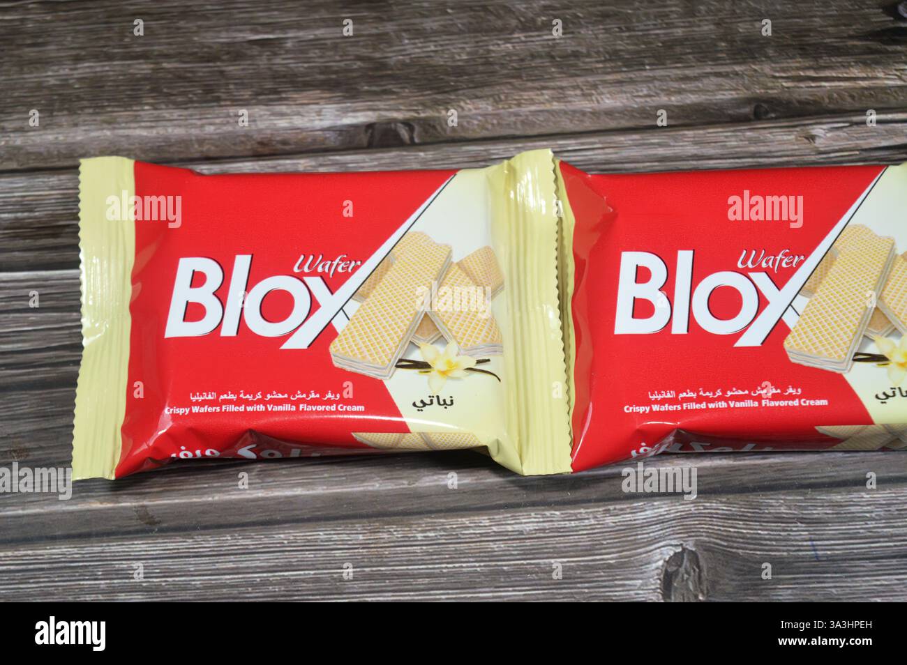 Cairo, Egypt, March 5 2025: Wafer Blox, crispy wafers filled with vanilla flavored cream, wafer ...