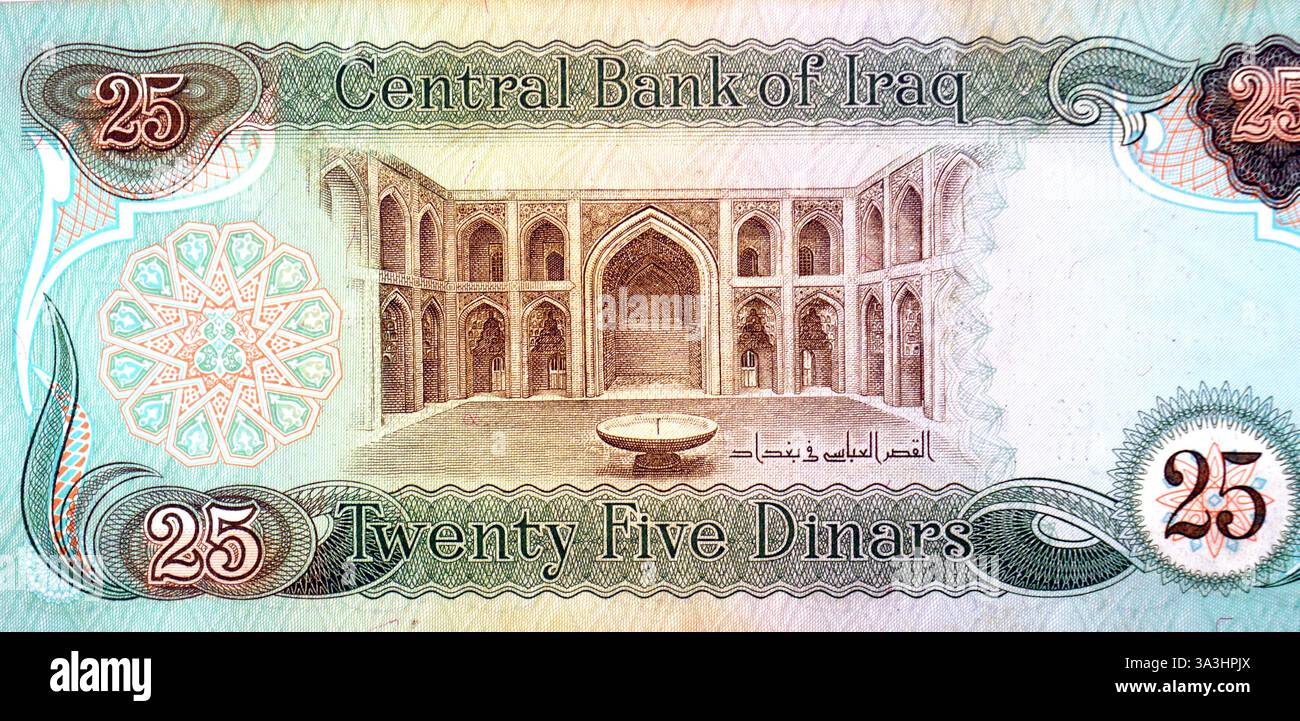 a large fragment of the reverse side of Iraqi twenty five dinars by central bank of Iraq 1982 ...