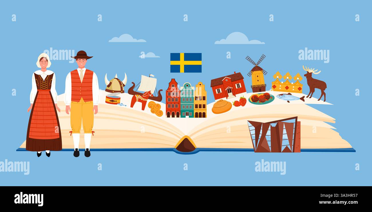 An open book illustrating Sweden cultural symbols, traditional attire ...
