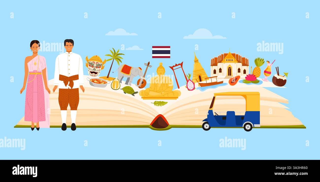 Culture elements and landmarks emblem of Thailand, Thai language study ...