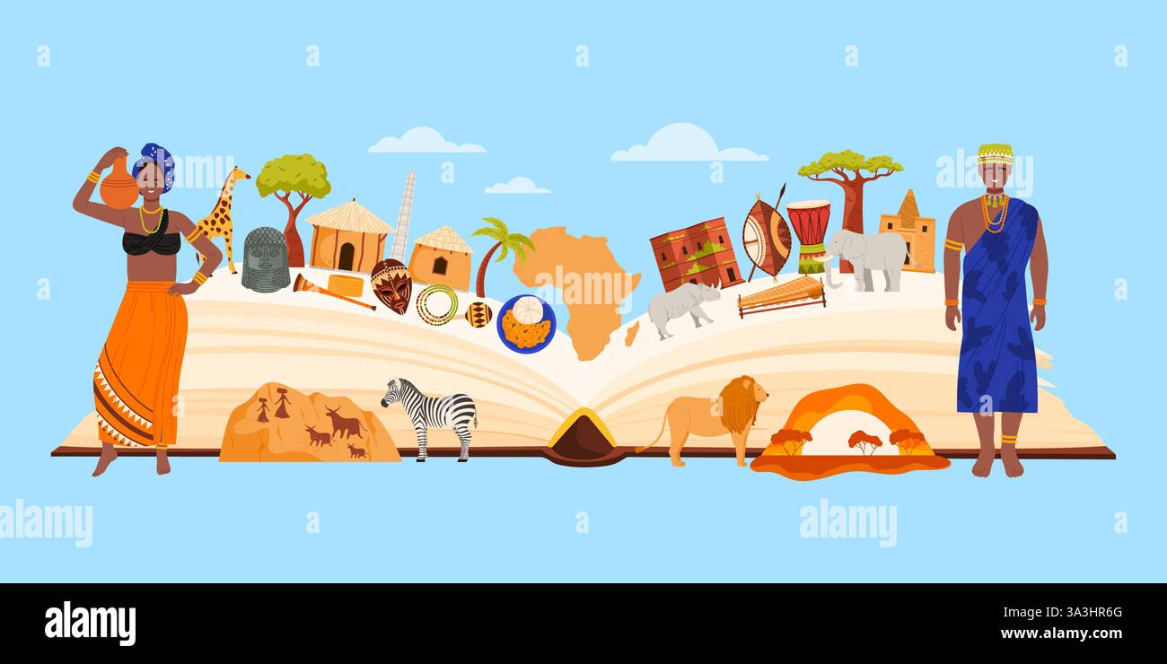 Travel to Africa infographic collage with open giant book and nature ...