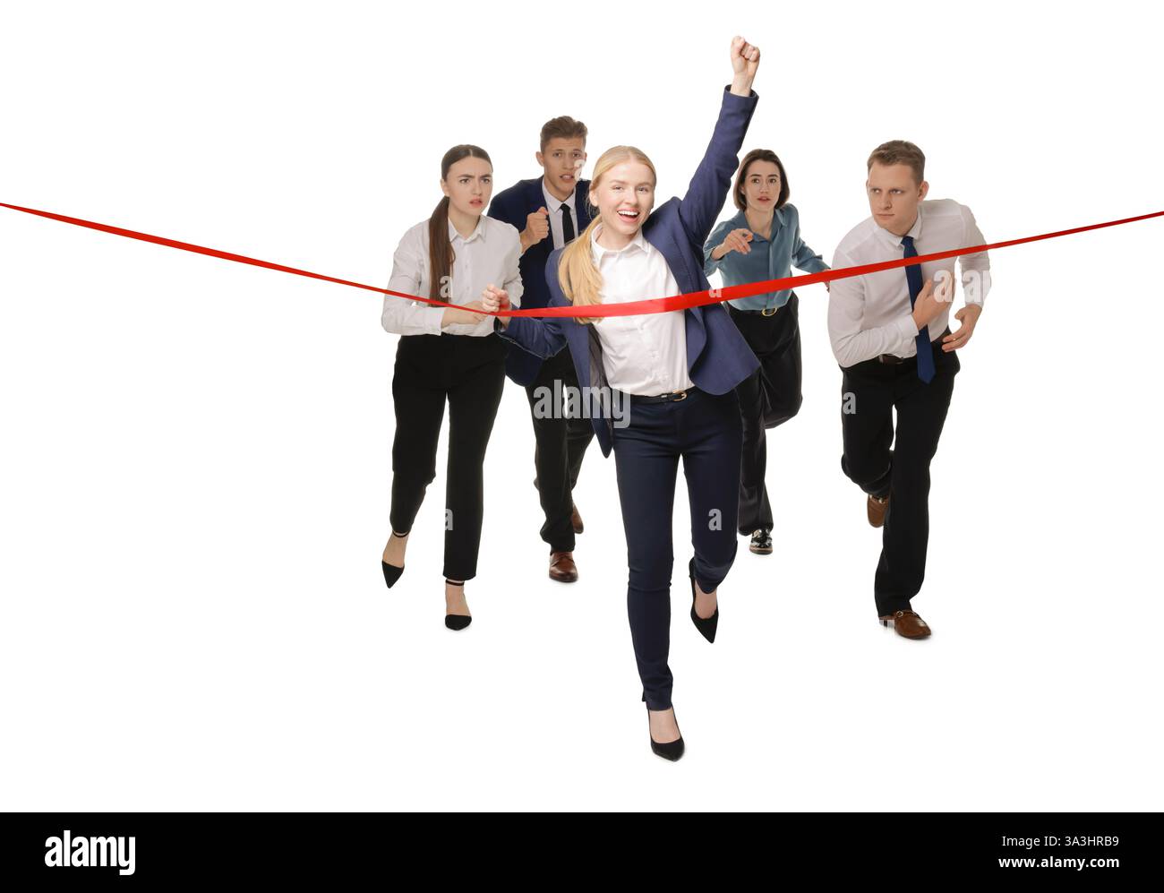 Competition concept. Happy businesswoman crossing red finish line ahead ...