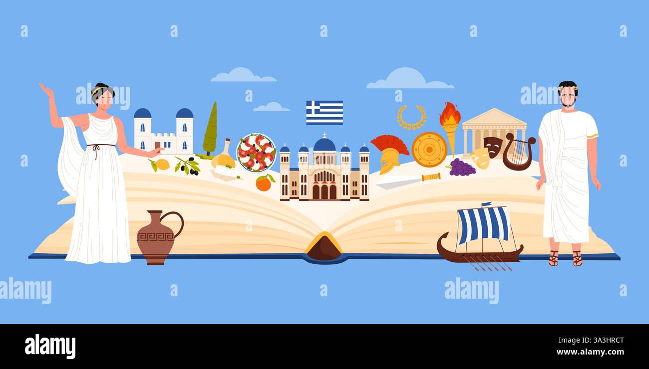 Travel to Greece collage with open book, landmarks and culture elements ...