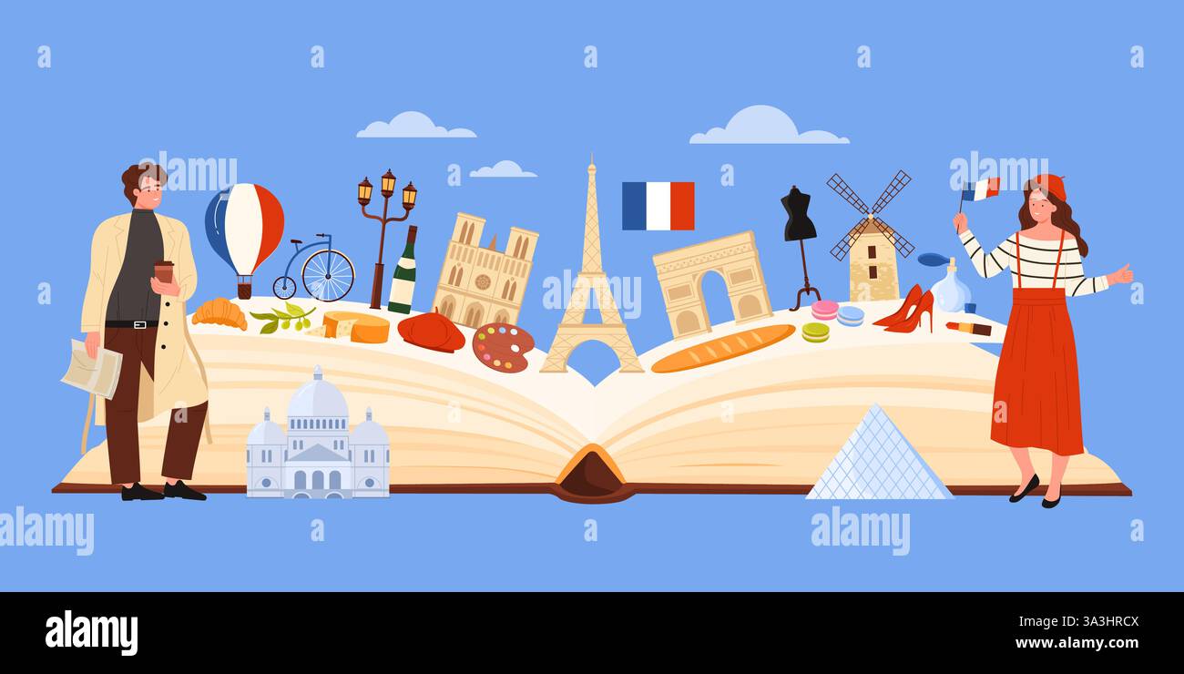 Travel to France, infographic collage with open giant book, landmarks ...