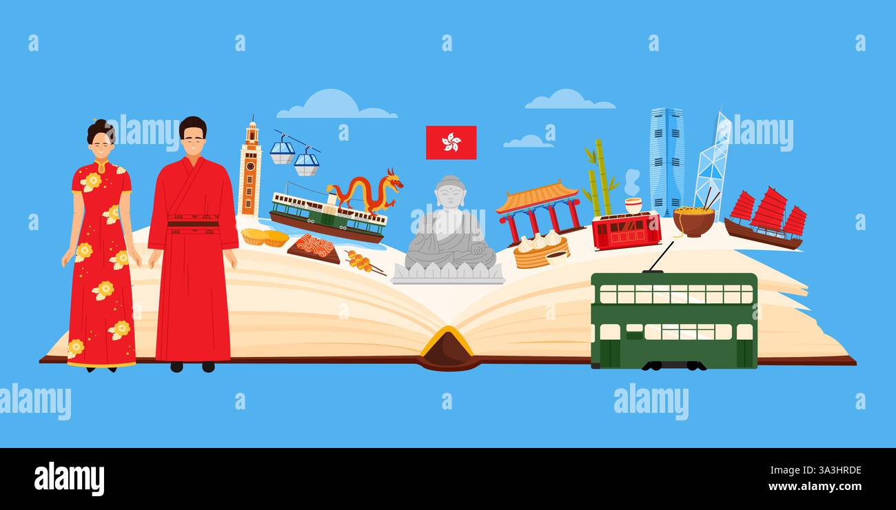 Hong Kong culture elements and landmarks, Chinese and English language ...