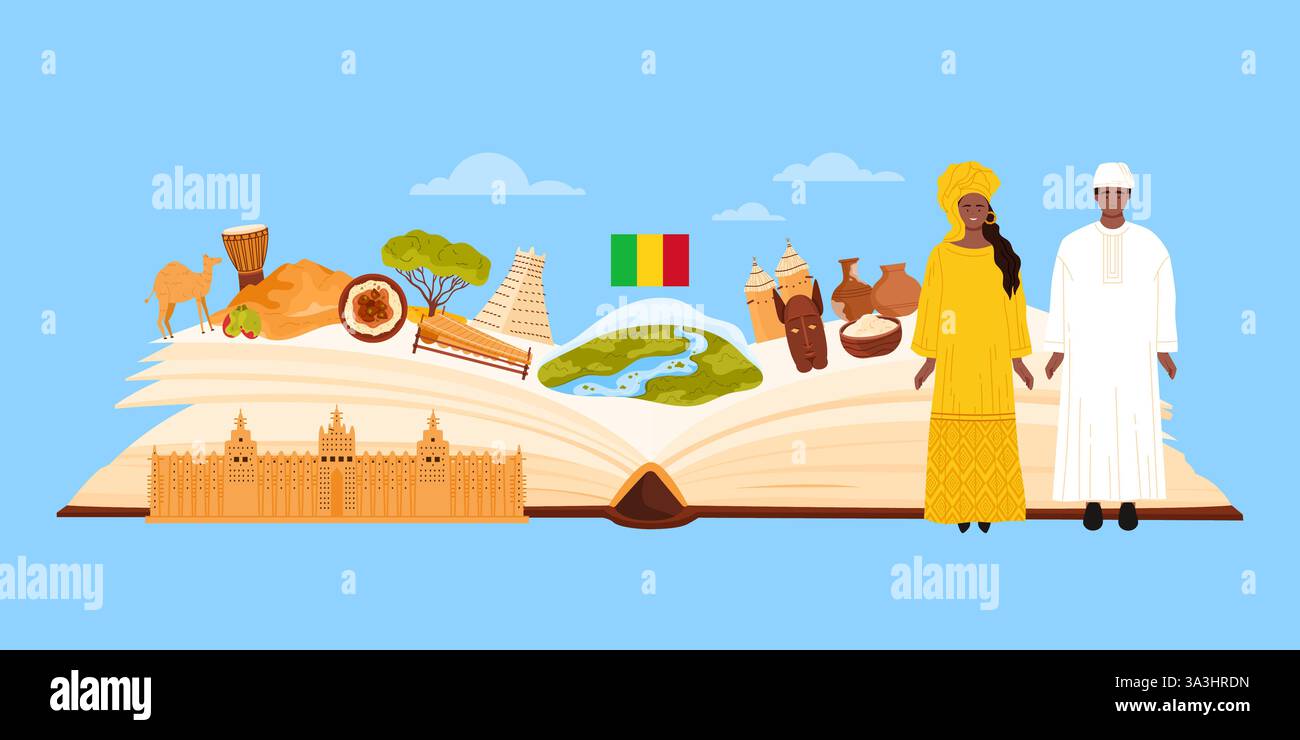 Travel to Mali, people and culture elements, landmarks in infographic ...
