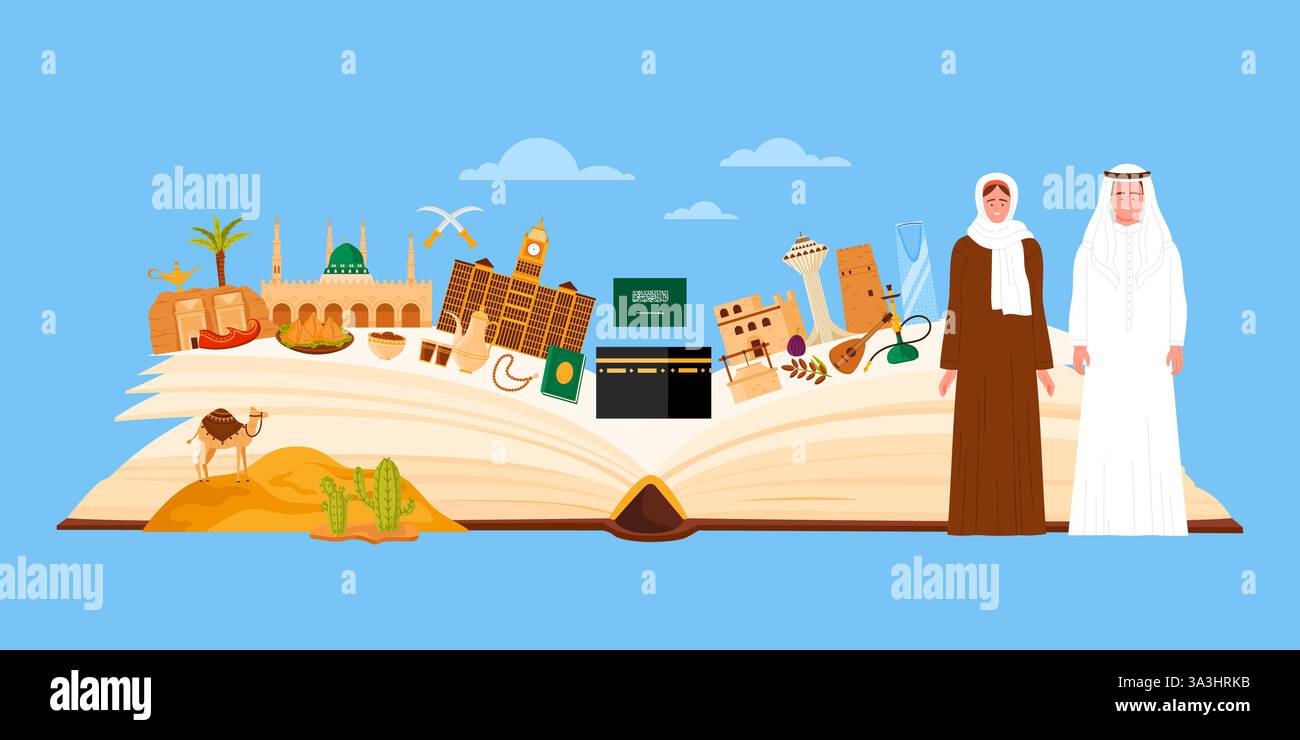 Vector illustration of an open book highlighting Saudi Arabia culture ...