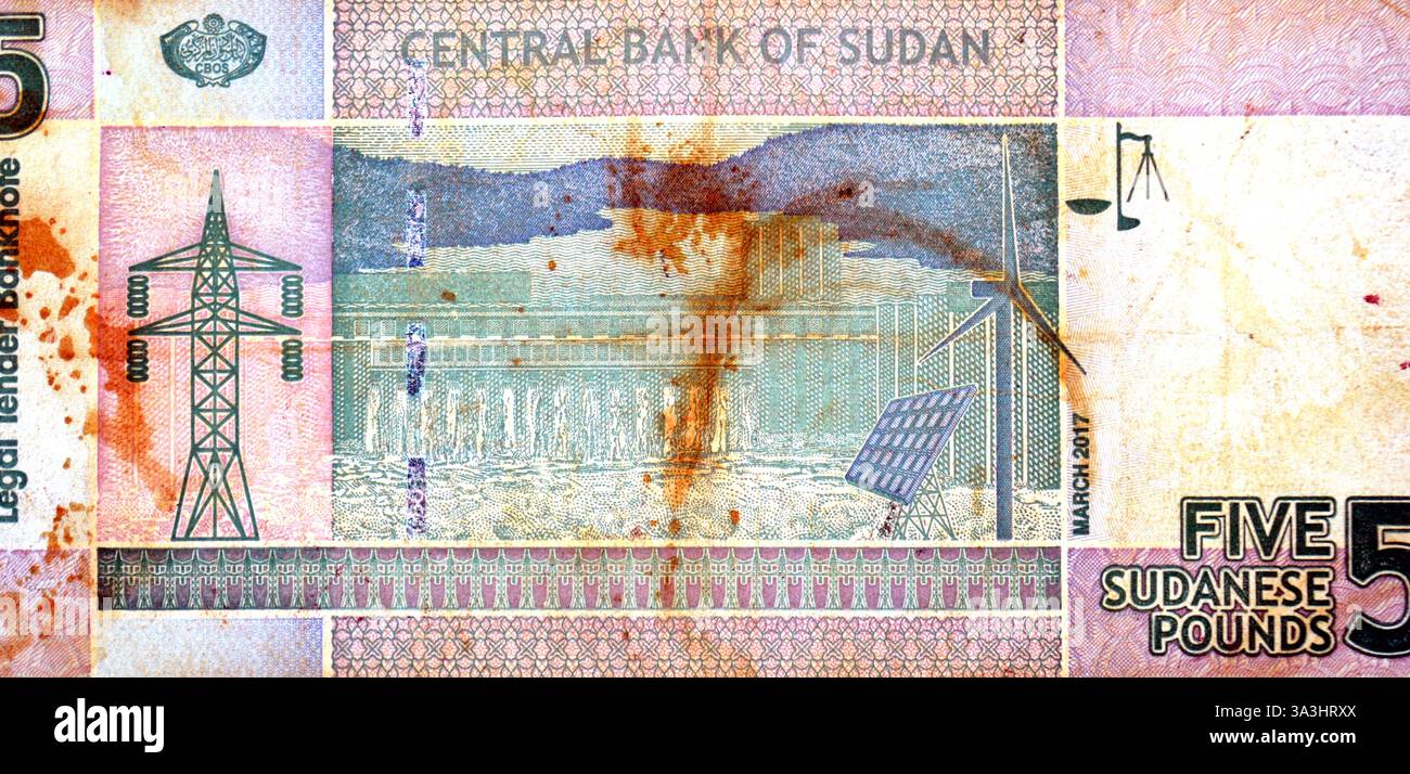 Large fragment of the reverse side of 5 SDG Five Sudanese pounds cash money bill banknote, by ...