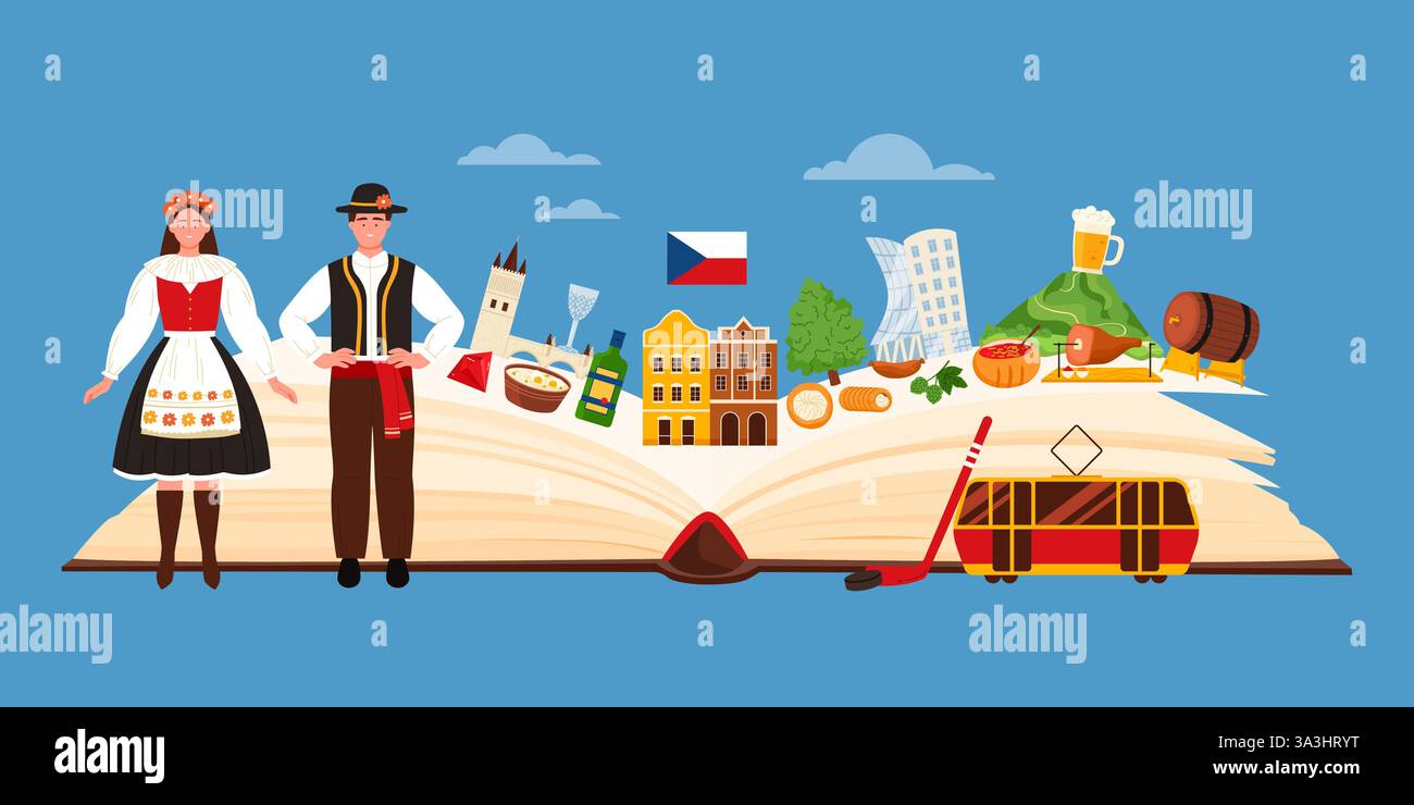 Creative illustration of an open book with Czech cultural icons such as ...