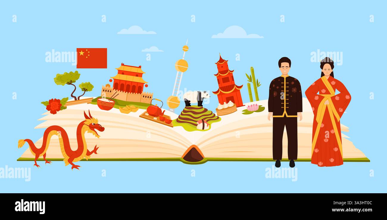 Travel to China, infographic collage with open giant book and tourist ...