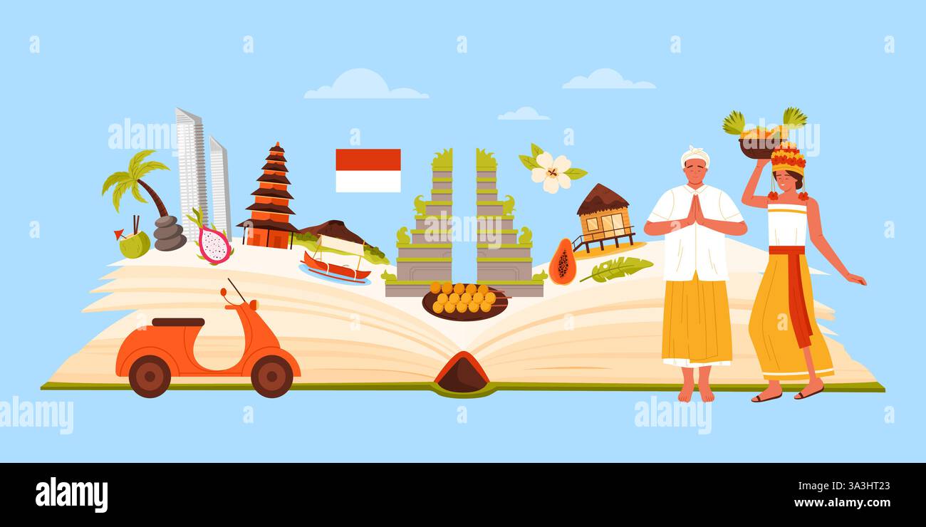 Culture elements and landmarks of Indonesia in infographic collage with ...