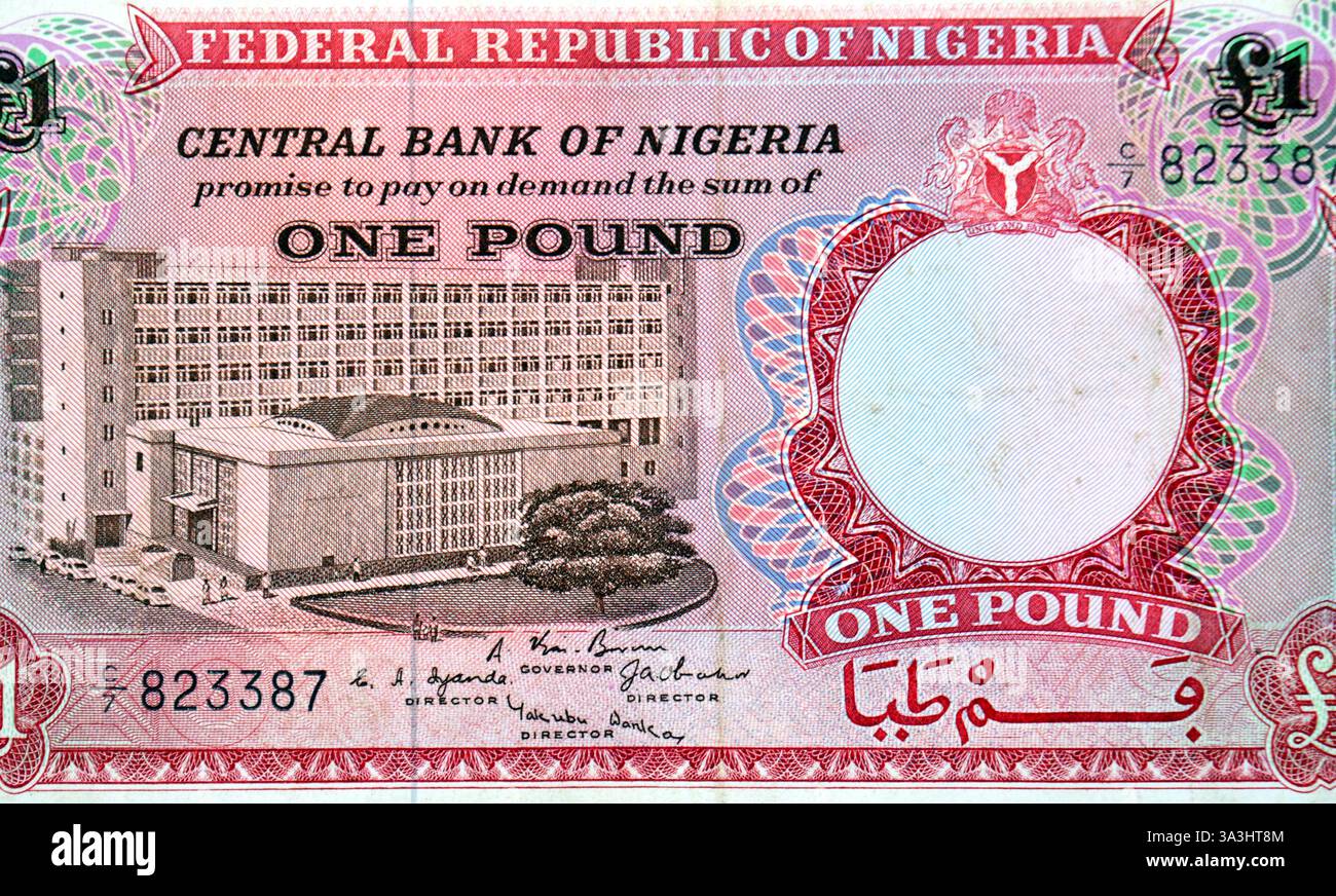 Large fragment of obverse side 1 One Nigerian pound cash money banknote ...
