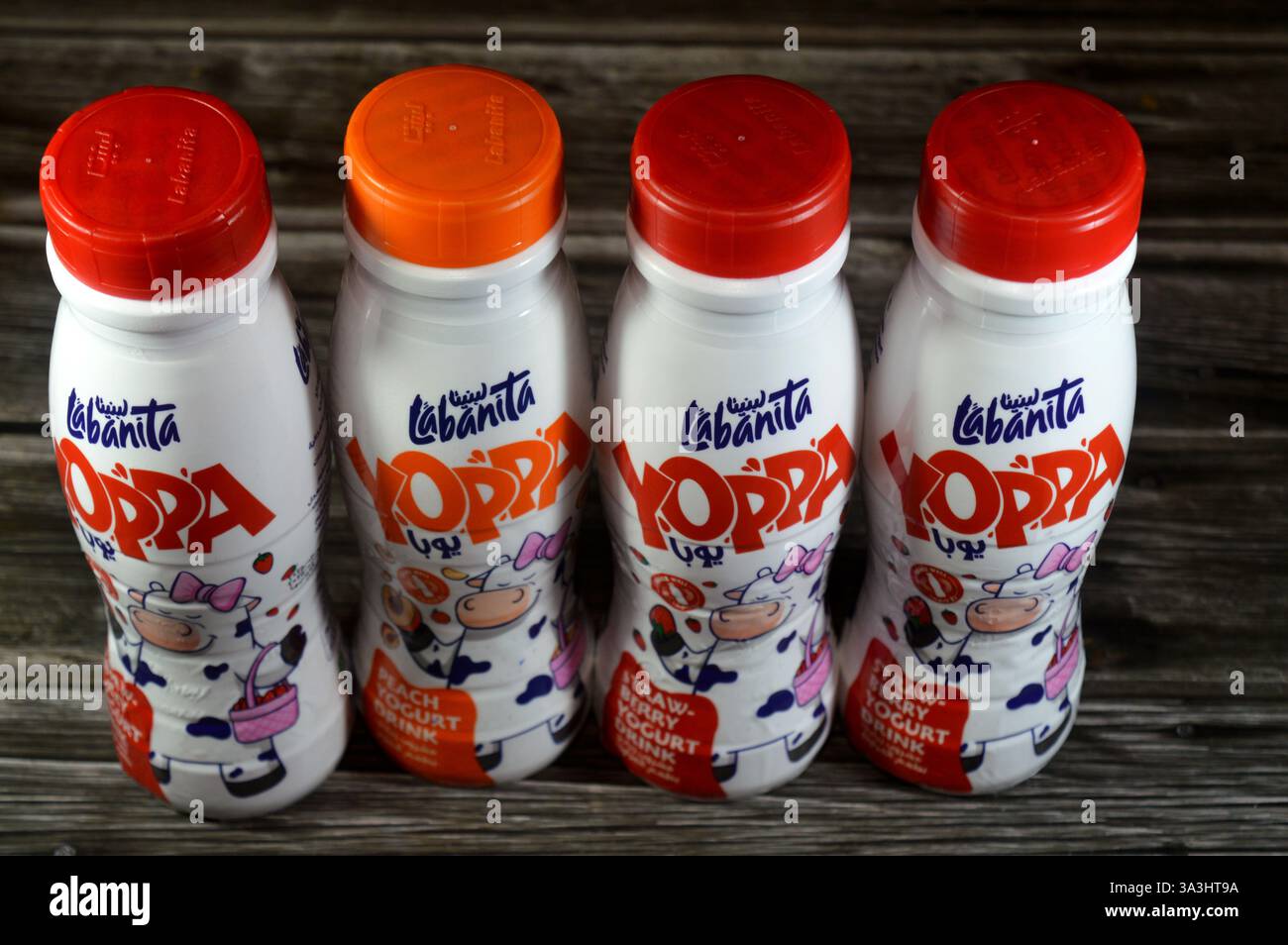 Cairo, Egypt, March 10 2025: Labanita YOPPA Strawberry and peach, Yogurt drink with strawberry ...
