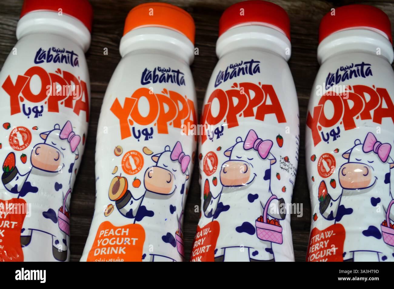 Cairo, Egypt, March 10 2025: Labanita YOPPA Strawberry and peach, Yogurt drink with strawberry ...