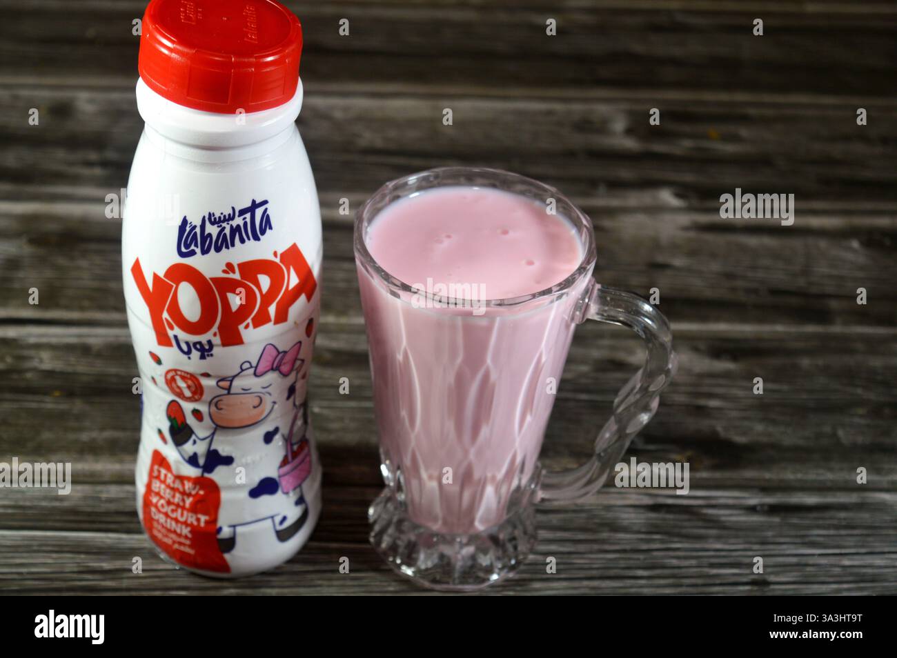 Cairo, Egypt, March 10 2025: Strawberry Labanita YOPPA, Yogurt drink with strawberry taste ...