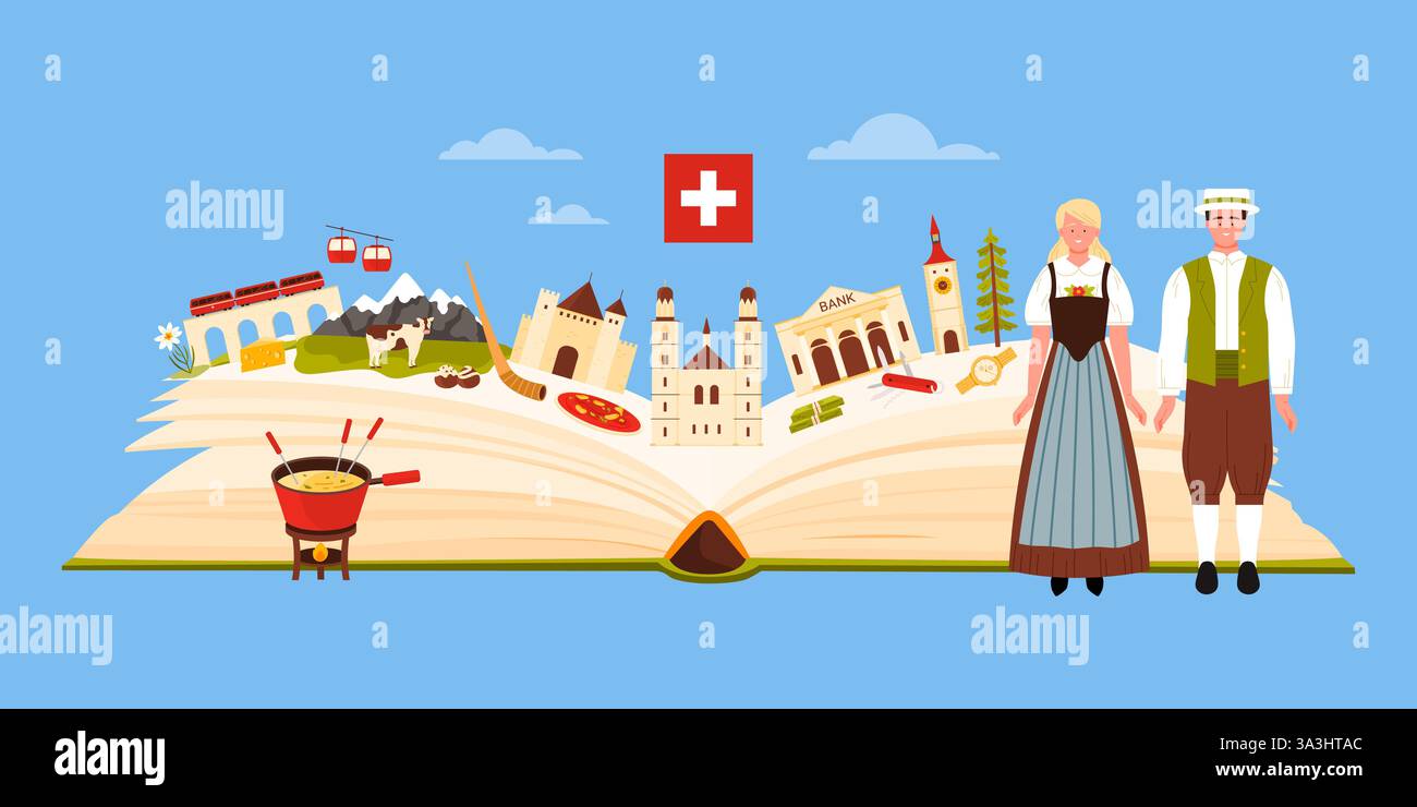 Swiss culture elements, national emblems of Switzerland in infographic ...