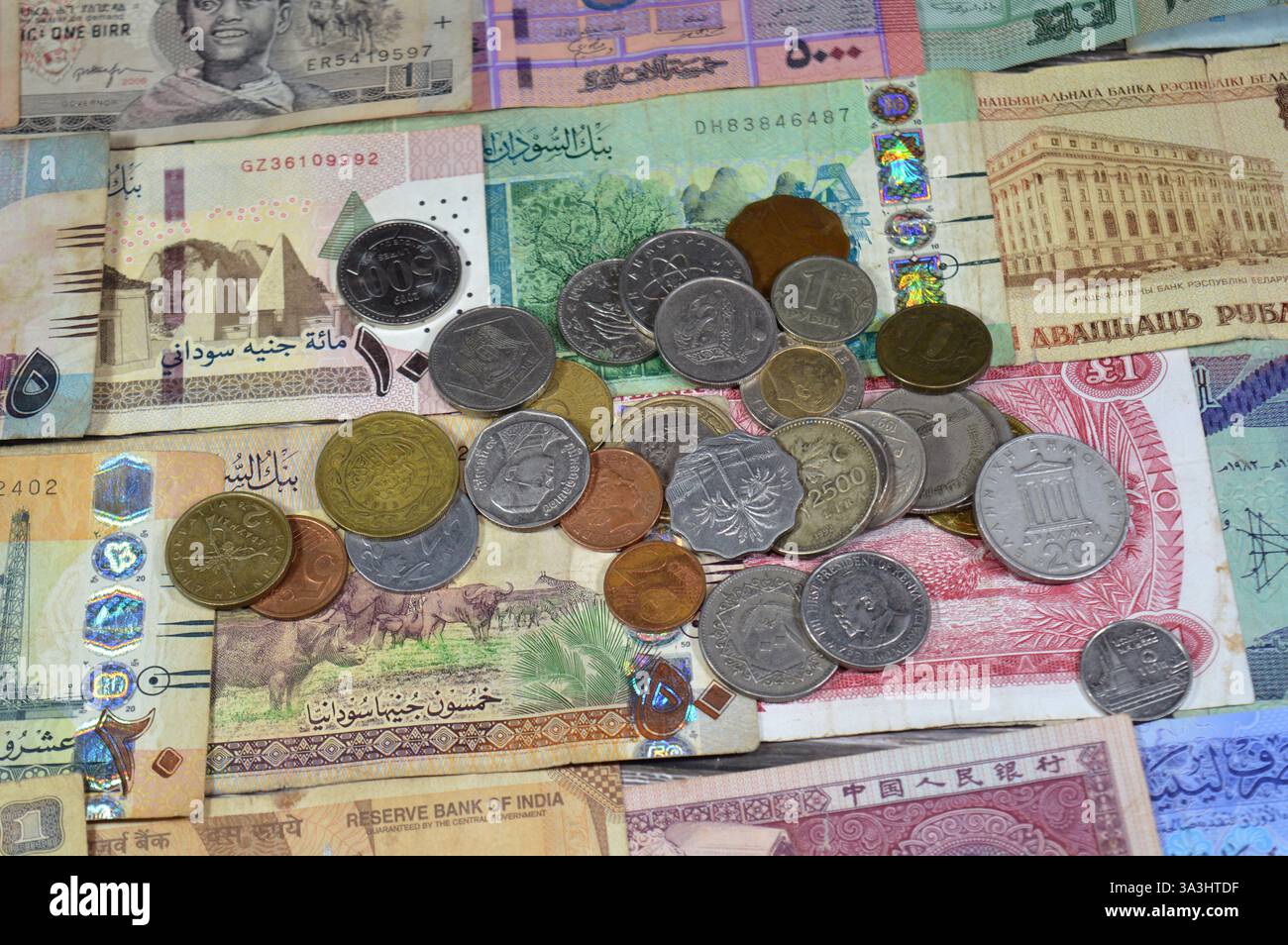 coins from different countries and Europe on various banknotes from ...