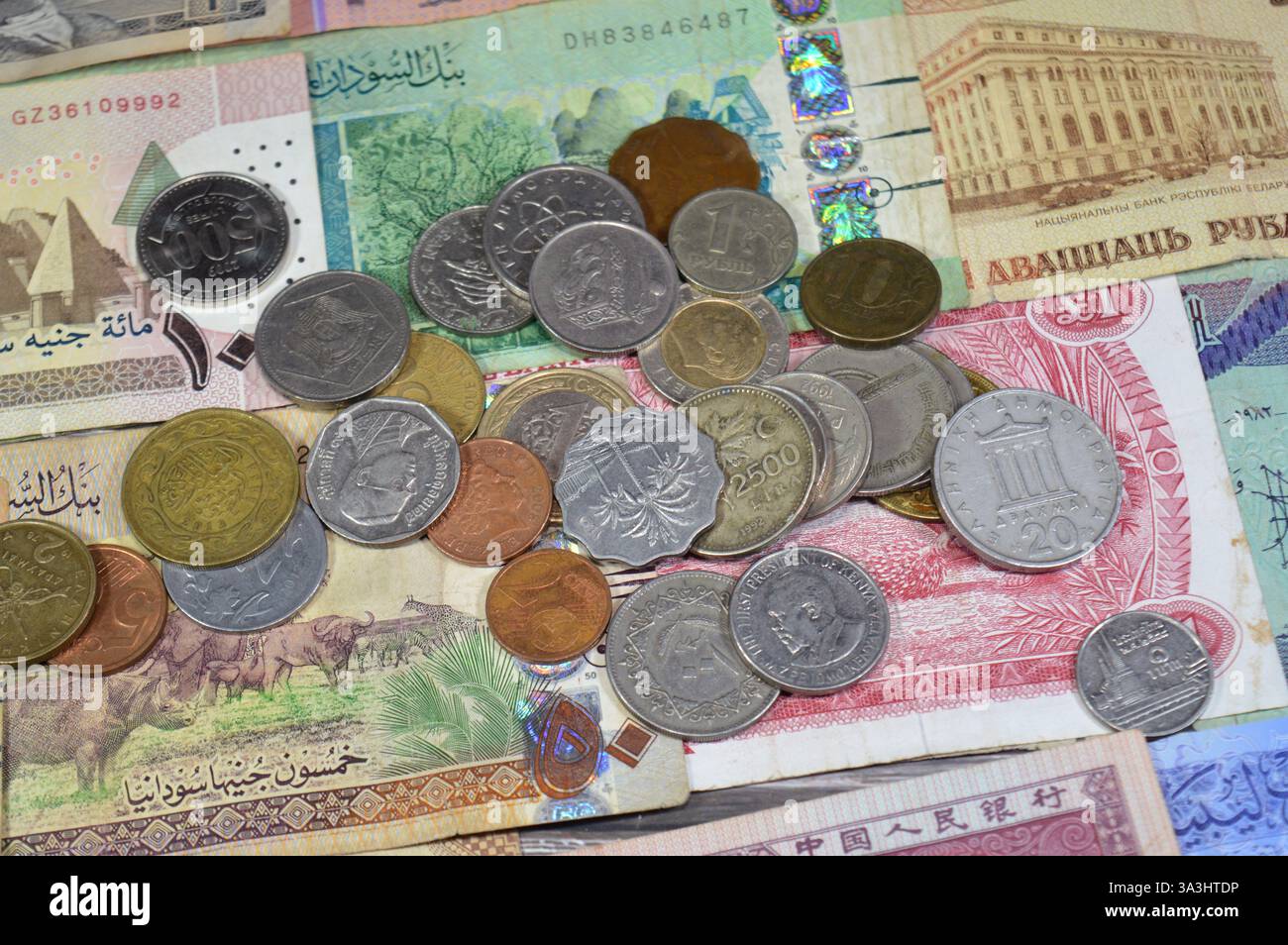 coins from different countries and Europe on various banknotes from ...