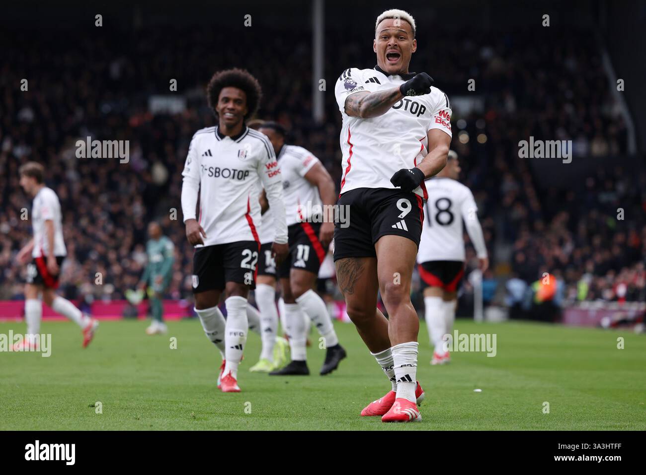 London, UK. 16th Mar, 2025. Rodrigo Muniz of Fulham celebrates after ...