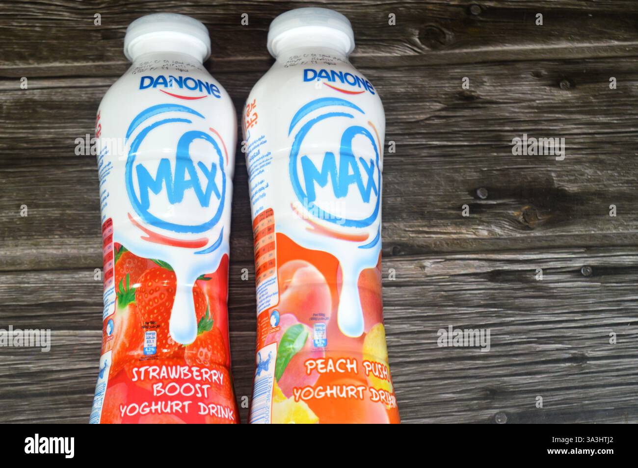 Cairo, Egypt, March 5 2025: Danone max Strawberry and peach, Yogurt ...