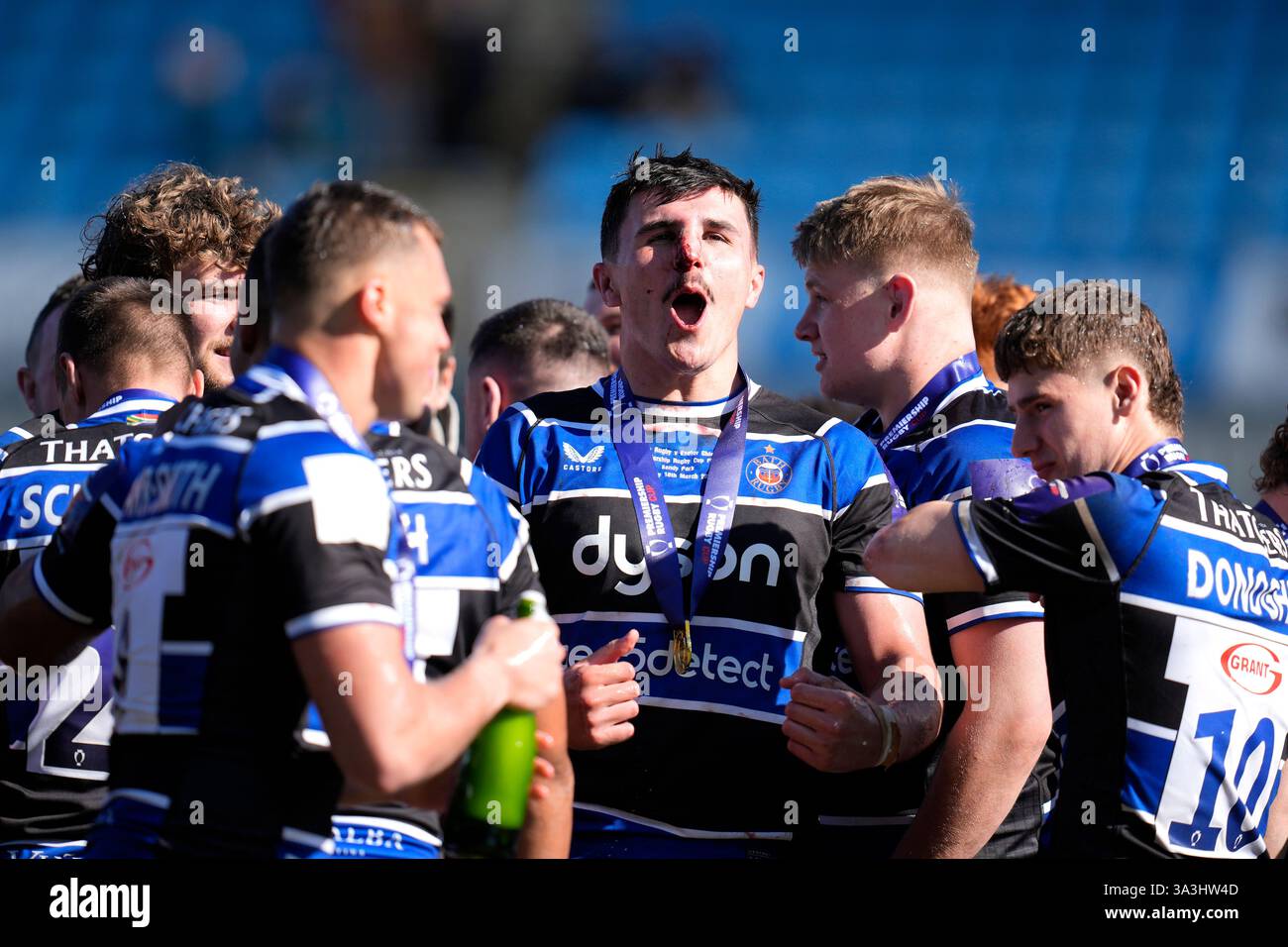 Bath Rugby's Ewan Richards with team-mates following victory in the ...