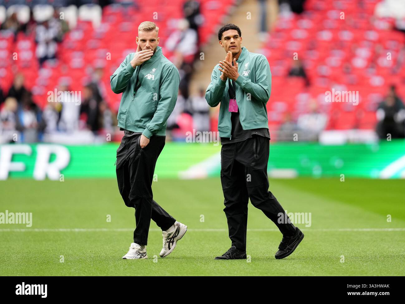 Liverpool goalkeeper Vitezslav Jaros (left) and Jarell Quansah inspect ...