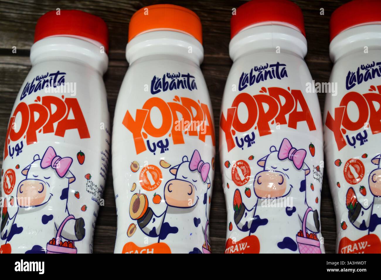 Cairo, Egypt, March 10 2025: Labanita YOPPA Strawberry and peach, Yogurt drink with strawberry ...