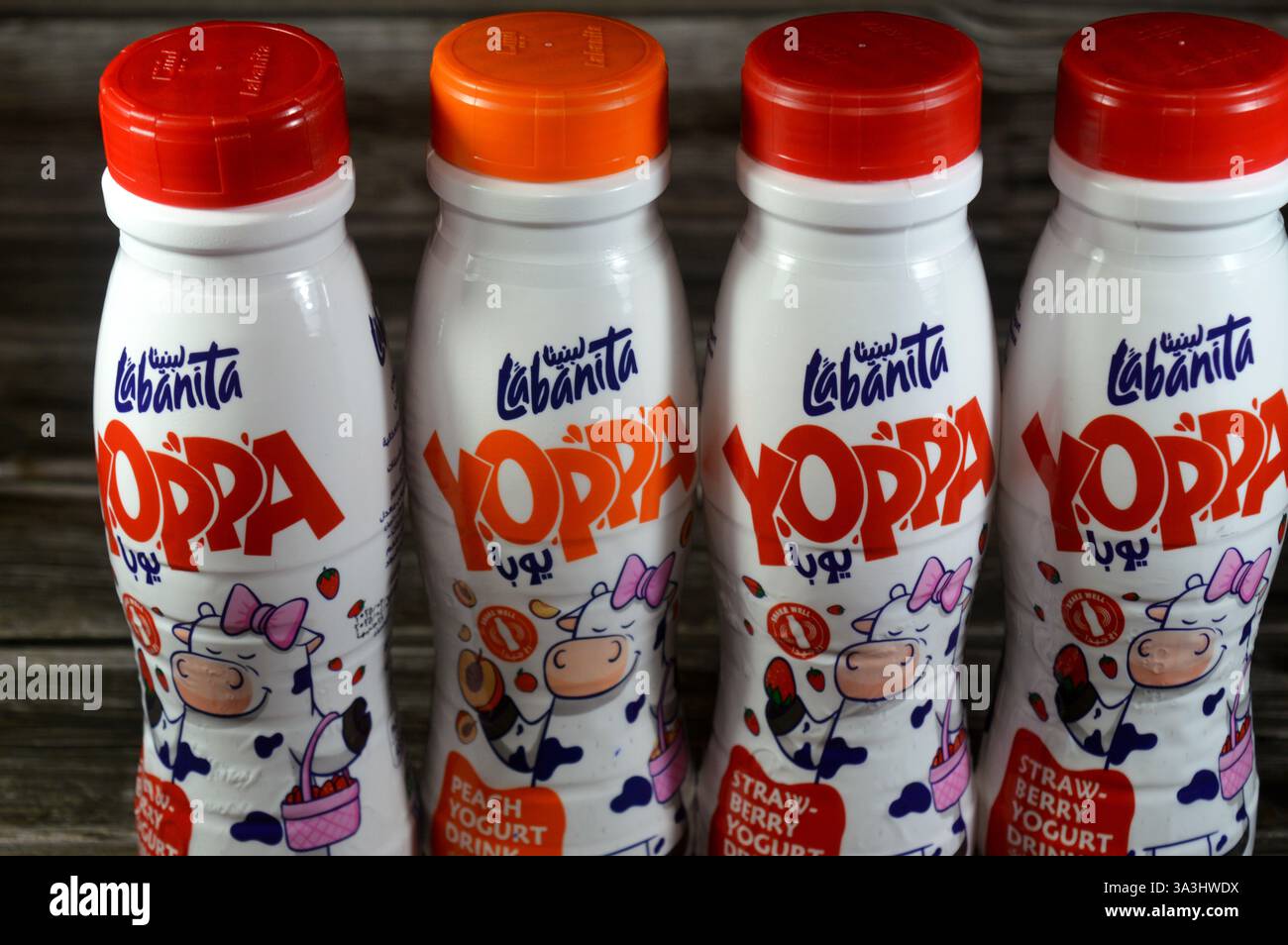 Cairo, Egypt, March 10 2025: Labanita YOPPA Strawberry and peach, Yogurt drink with strawberry ...
