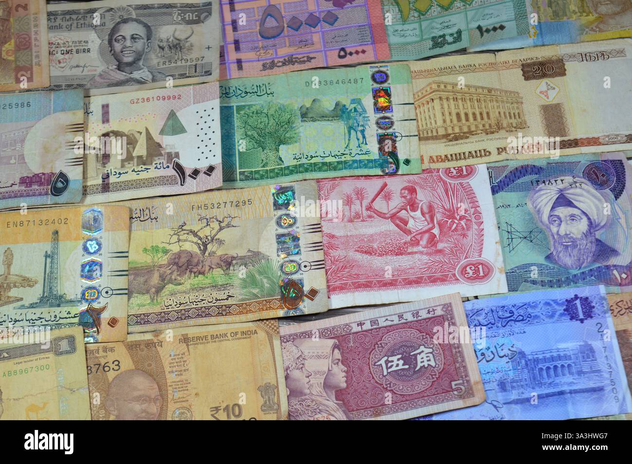 Background of various banknotes from different countries like Iraqi ...