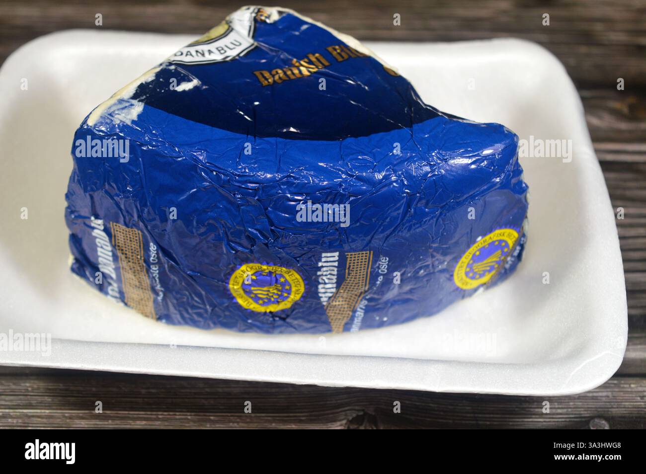 Cairo, Egypt, March 7 2025: Danablu, Danish Blue Cheese, a strong, blue ...