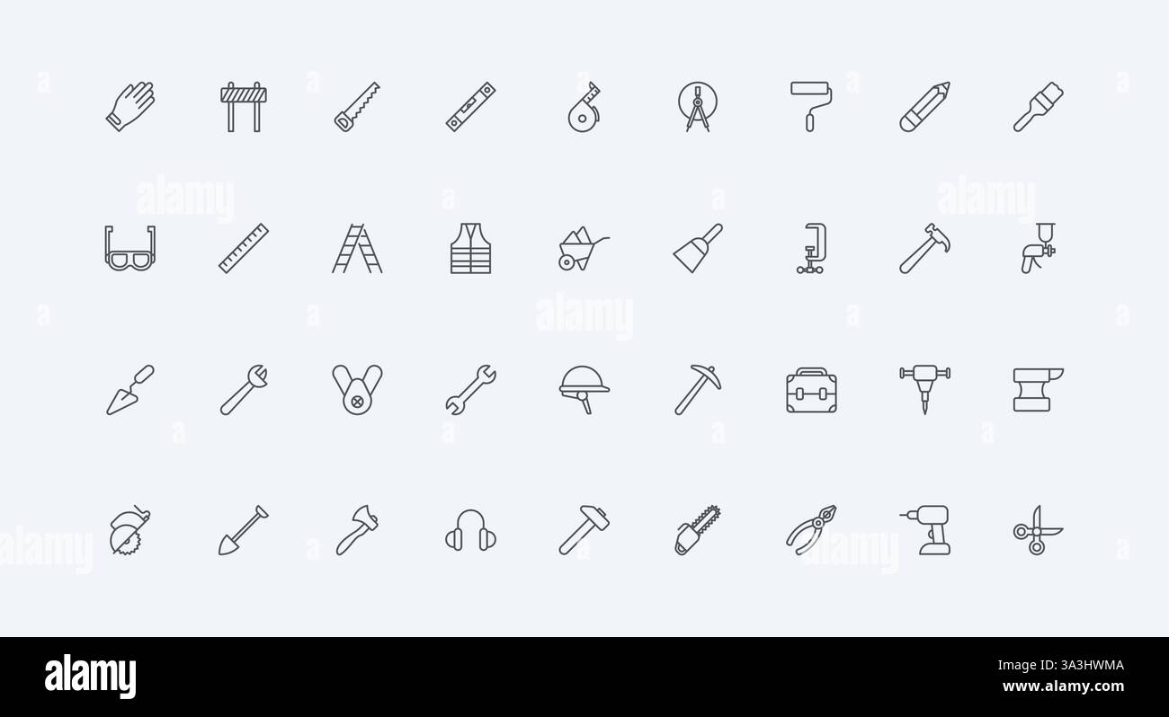 Helmet and glove, vest, mask of contractor builder thin black outline ...