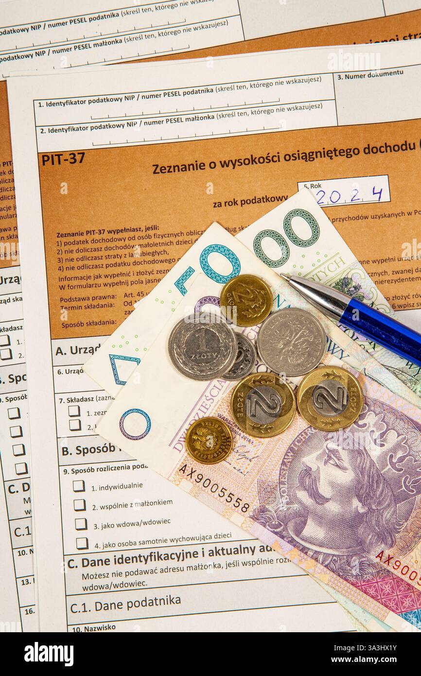Close-up. Background. PIT-37. Polish tax return form for 2024 (called ...
