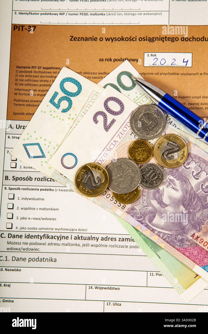 Close-up. Background. PIT-37. Polish tax return form for 2024 (called ...