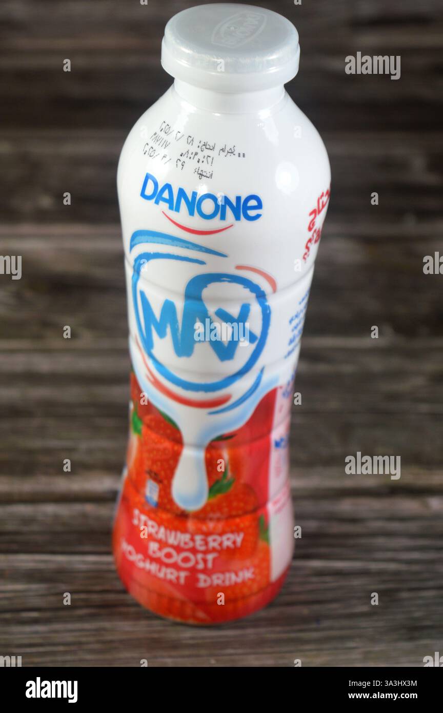Cairo, Egypt, March 5 2025: Peach Push Danone max, Yogurt drink with ...