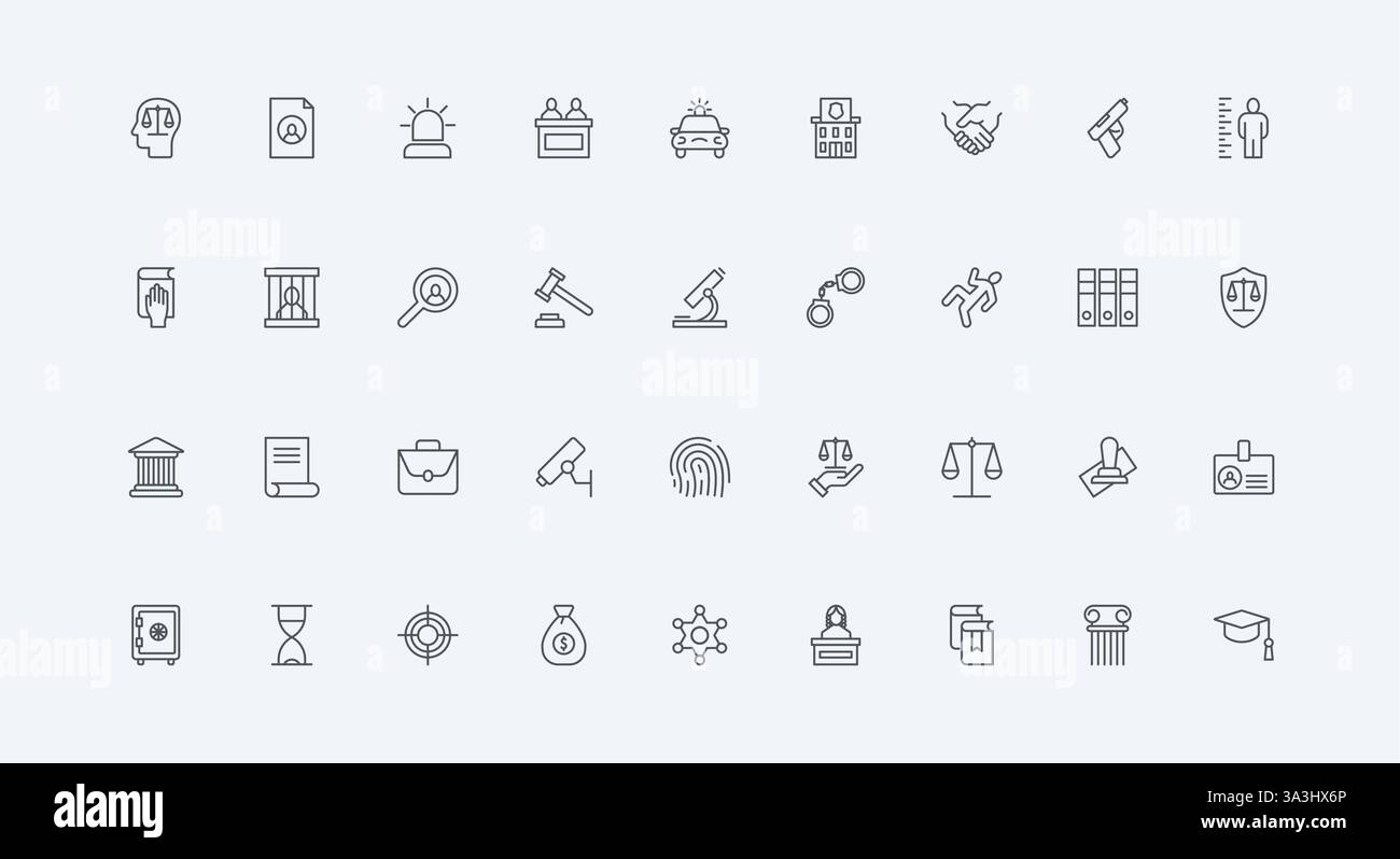 Law authority, police, documents thin black outline symbols vector ...