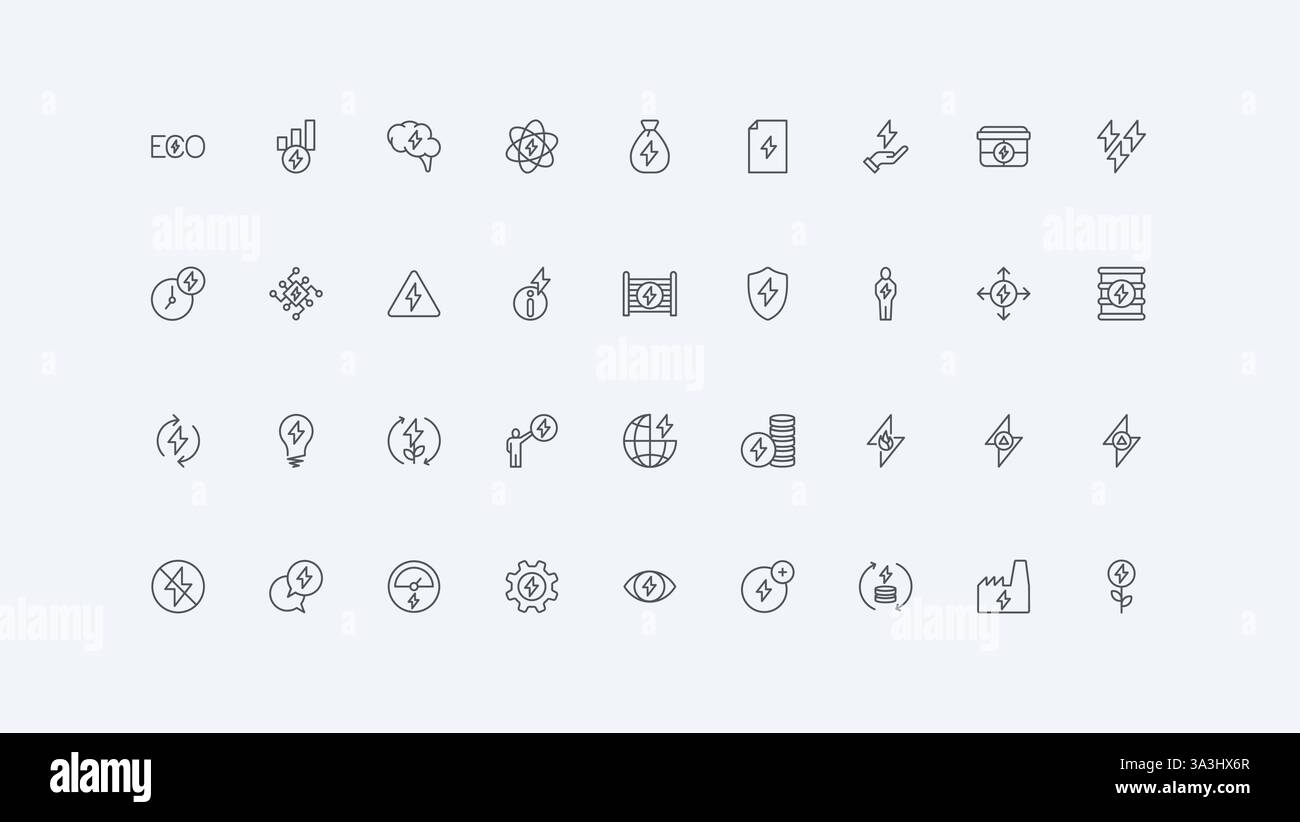 Eco power plant, warning signs, cost increase thin black outline symbols vector illustration ...