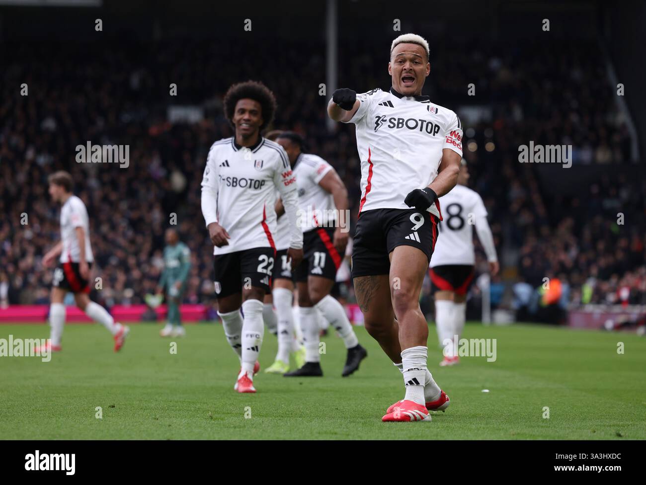 London, UK. 16th Mar, 2025. Rodrigo Muniz of Fulham celebrates after ...
