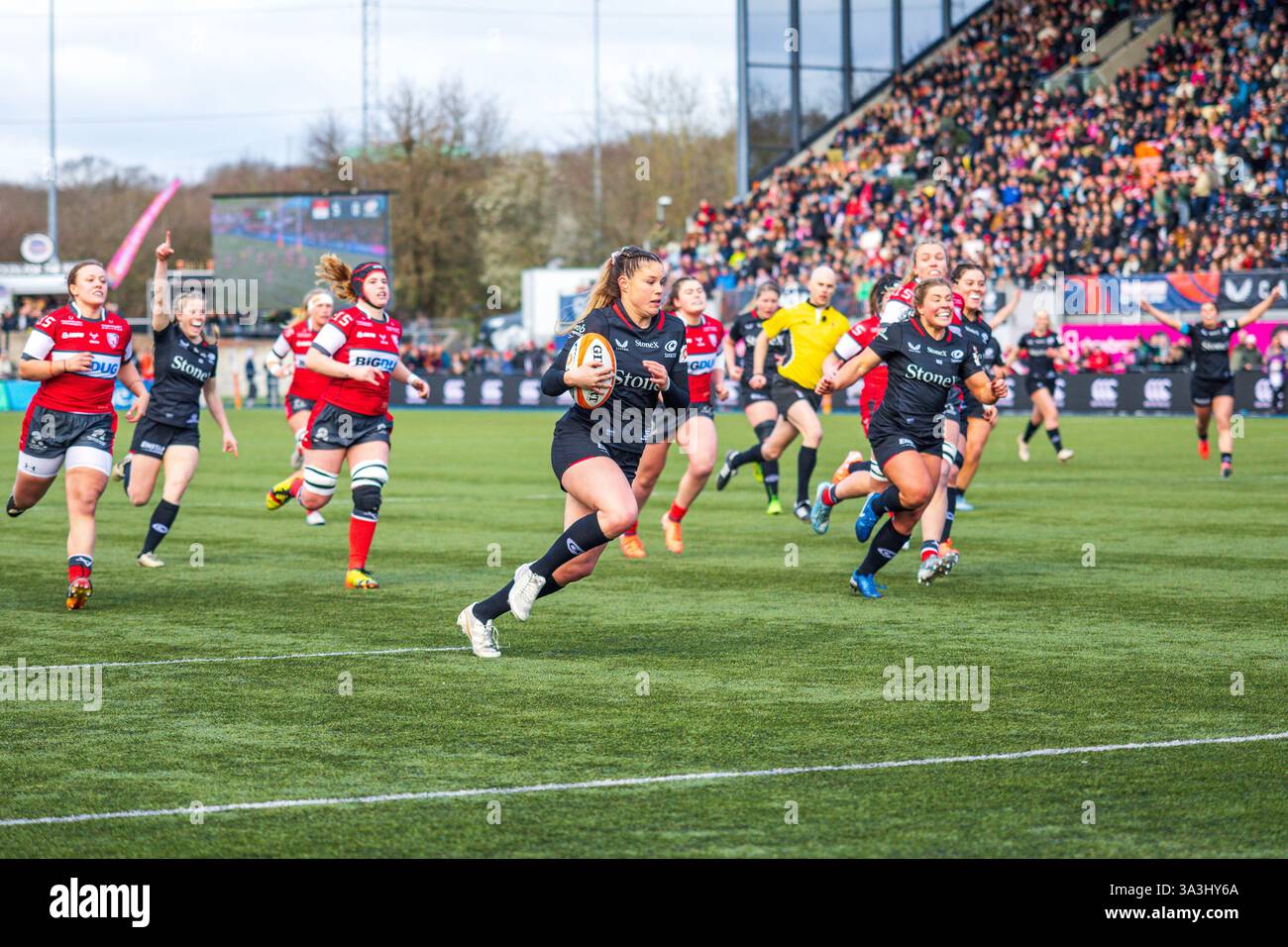 London, UK, 16th March 2025 Saracens fullback Jess Breach makes a break ...