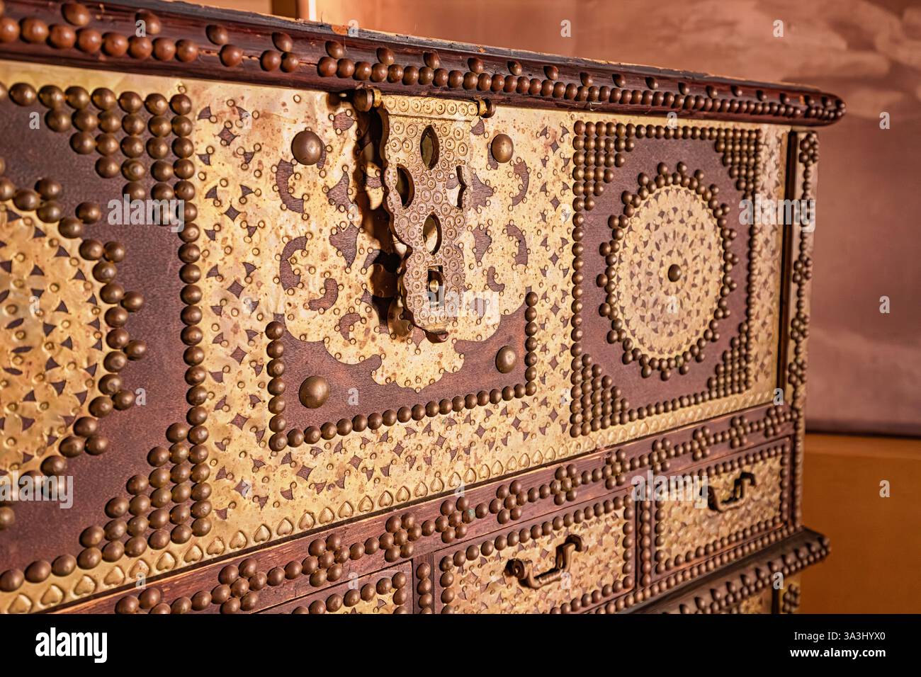 16 January 2025, Abu Dhabi, UAE: Two stacked wooden chests with ...