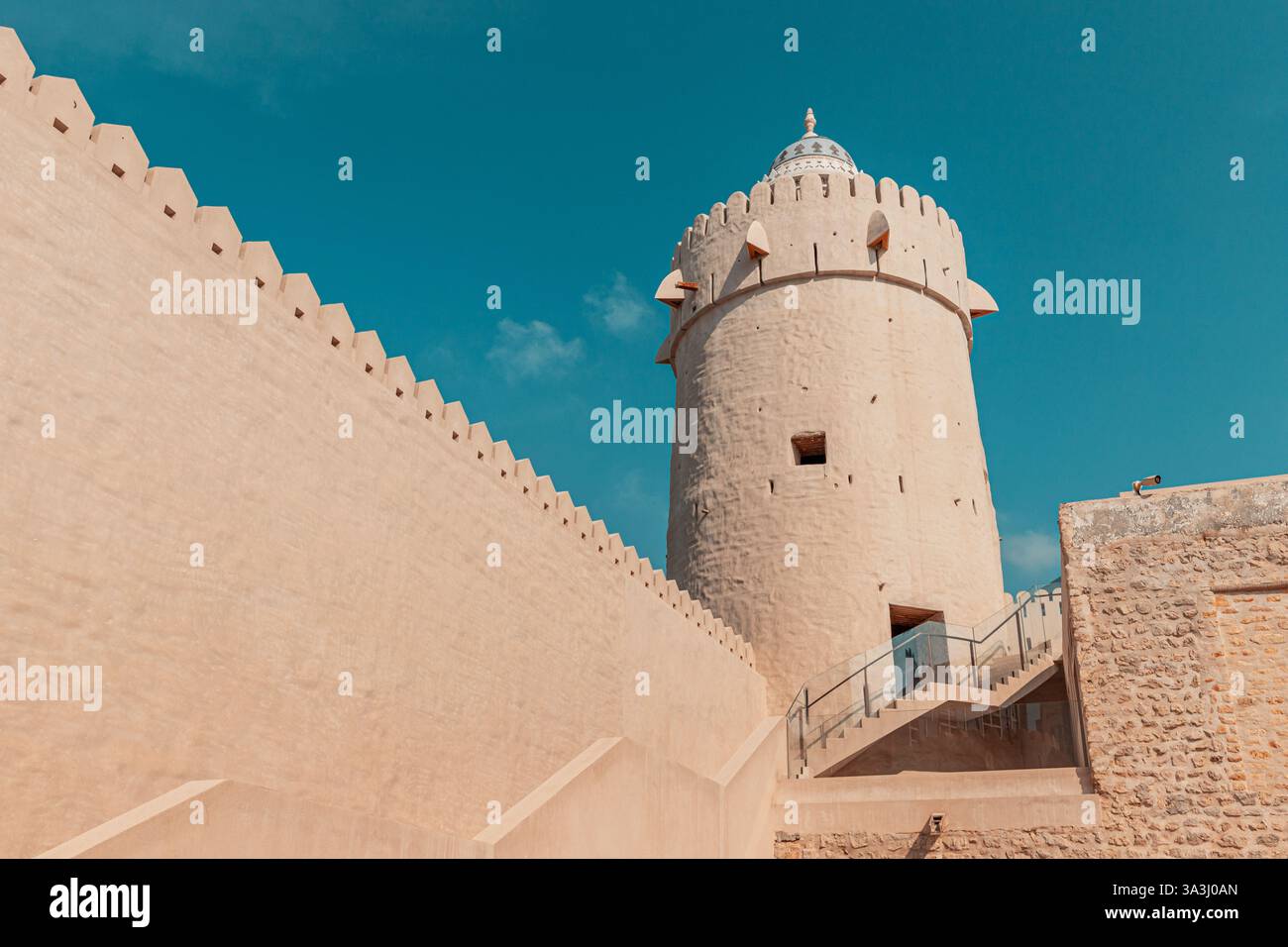 16 January 2025, Abu Dhabi, UAE: Low angle view of a watchtower and ...
