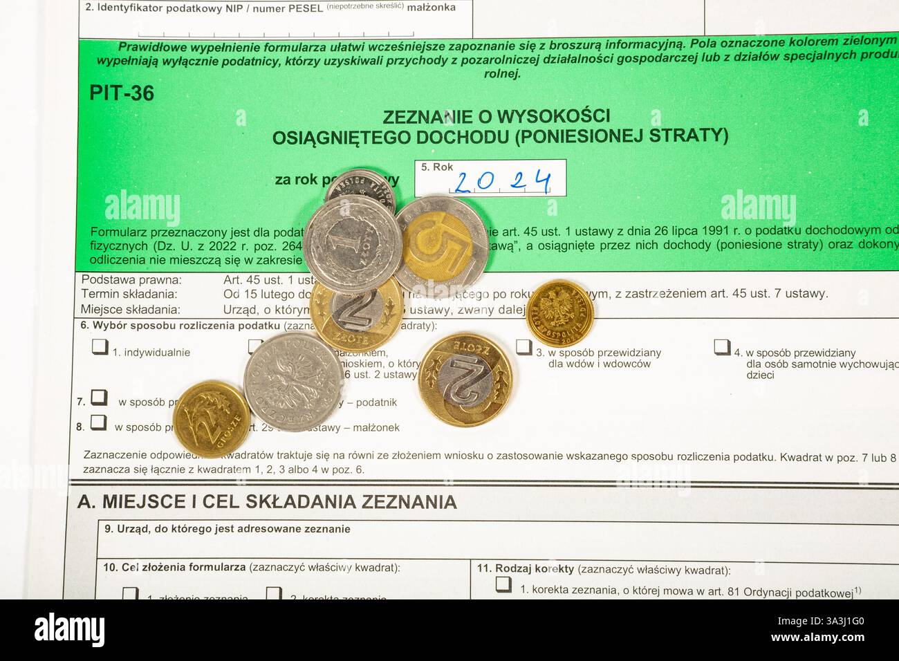 Close-up. Background. Green PIT-36. Polish tax return form for 2024 ...