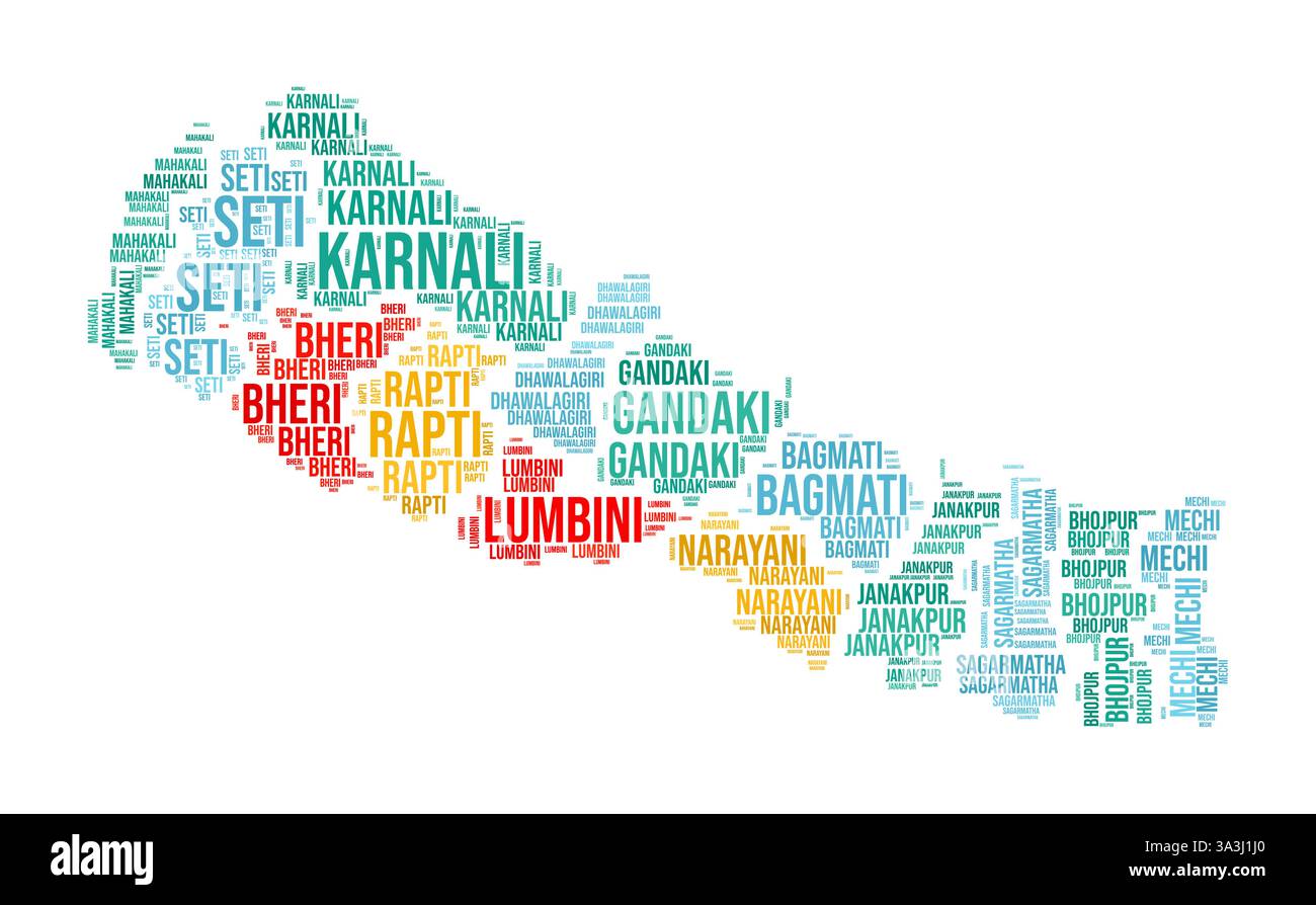 Nepal Word Cloud. Country shape with region division. Nepal typography ...