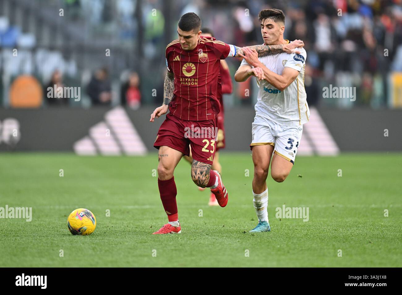 Gianluca Mancini of A.S. Roma and Adam Obert of Cagliari Calcio are in ...