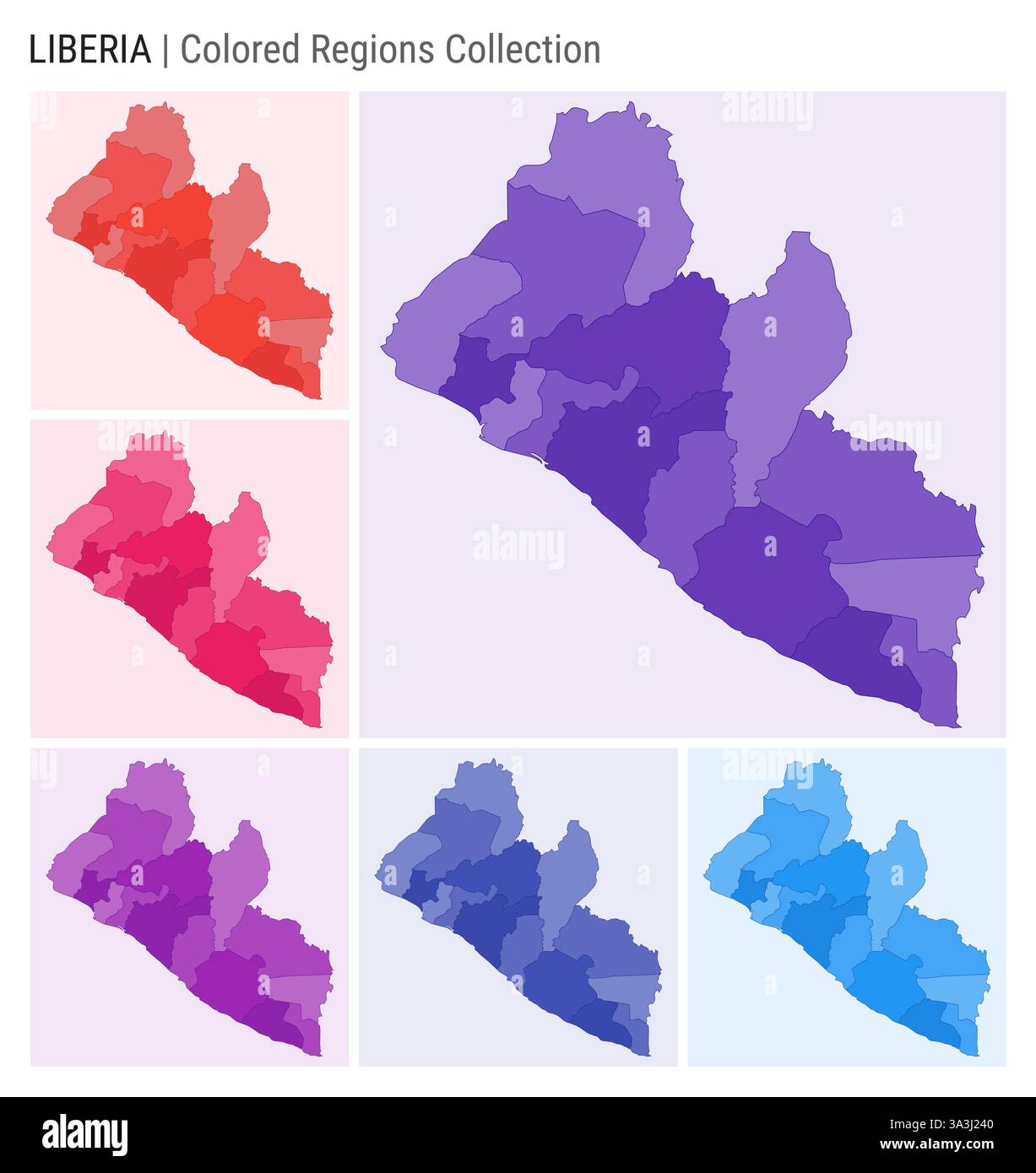 Liberia map collection. Country shape with colored regions. Deep Purple, Red, Pink, Purple ...