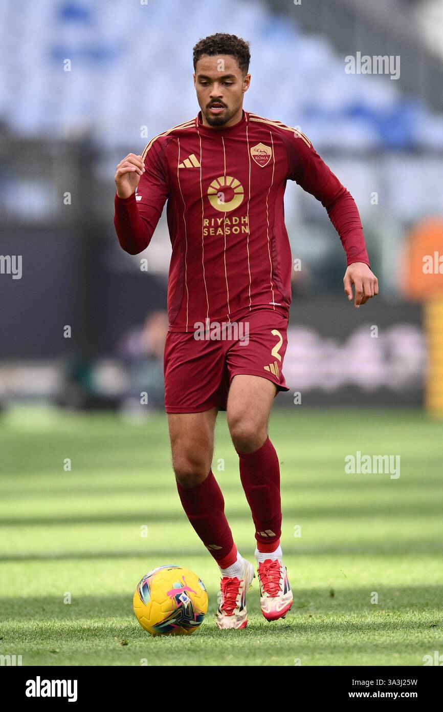 Rome, Italy. 16th Mar, 2025. Devyne Rensch of A.S. Roma is in action ...