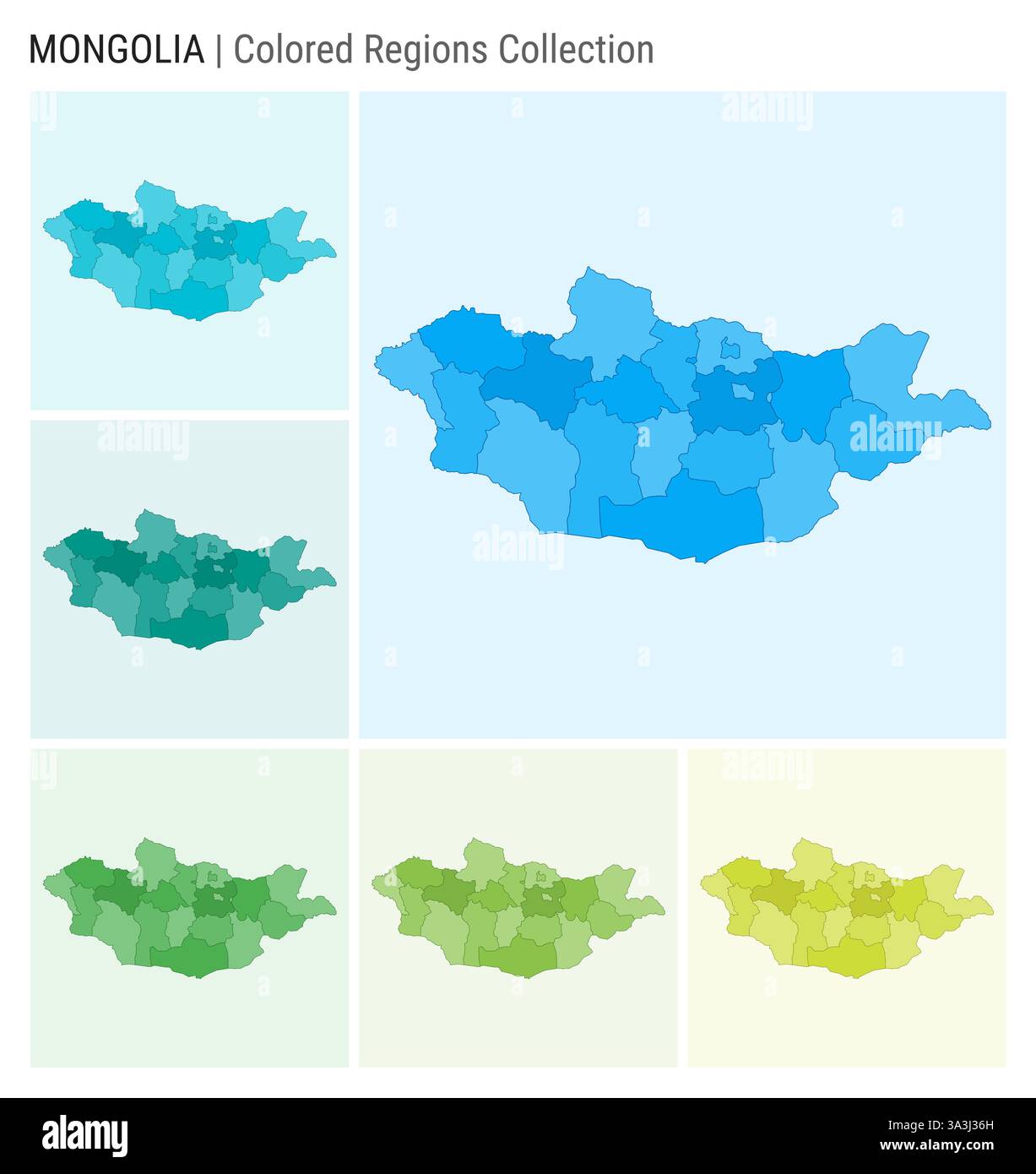 Mongolia map collection. Country shape with colored regions. Light Blue ...
