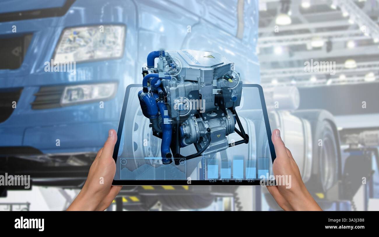 Engineer holds digital tablet with projection of hydrogen fuel cell ...