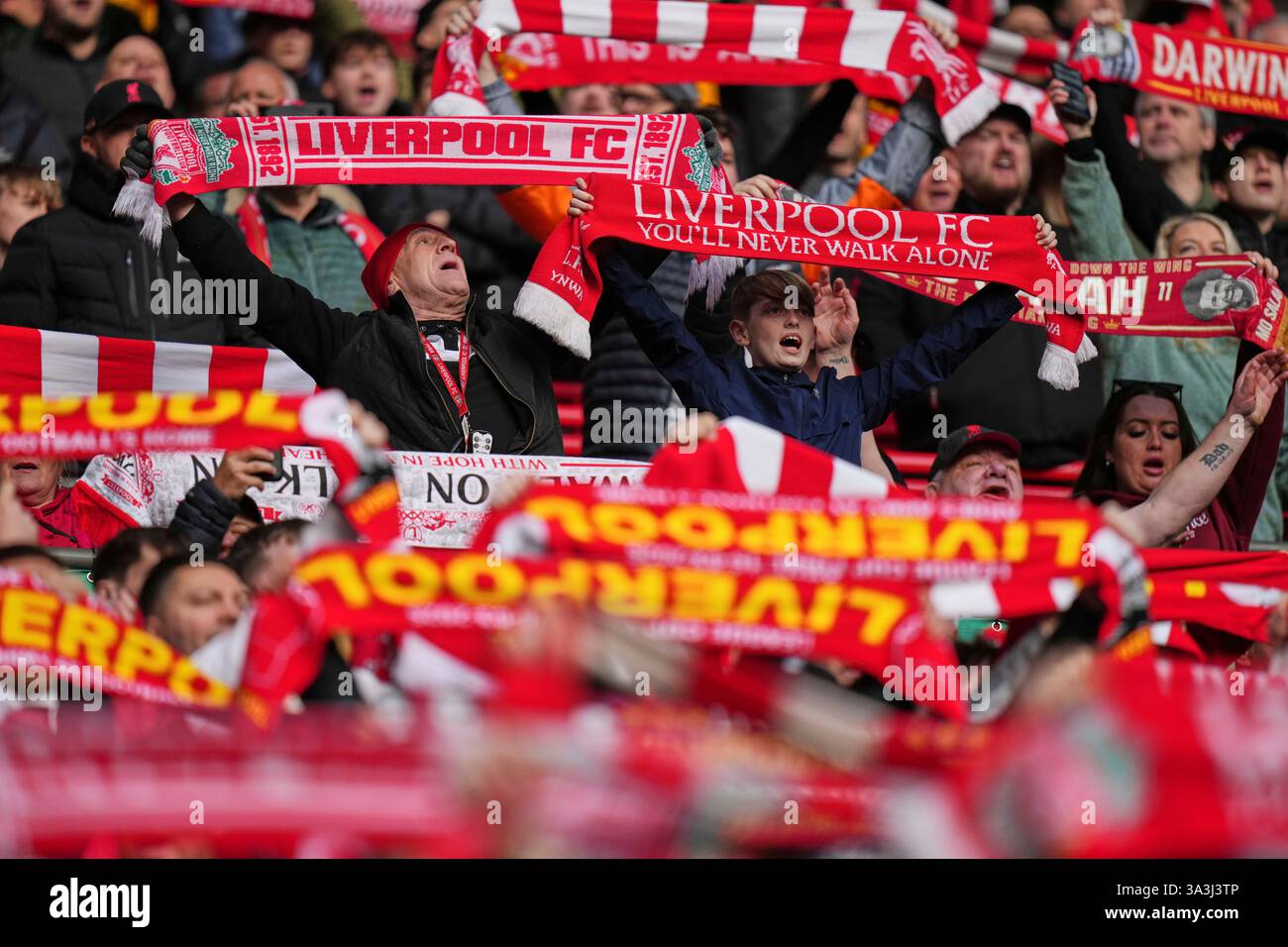 Liverpool fans cheer ahead the EFL Cup final soccer match between ...