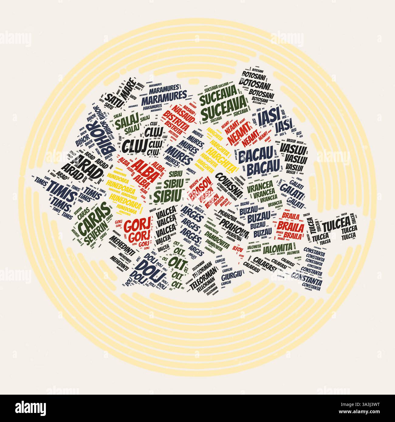 Romania Round Poster. Typography style image of Country. Regions word ...